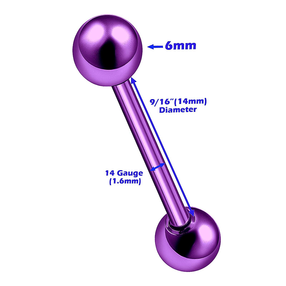 Purple Titanium 14 gauge 9/16 14mm Tongue Rings Jewelry Piercing Nipple 6mm Ball M5293