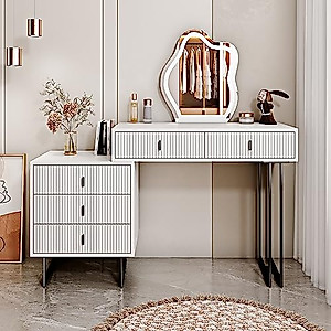 leejdn White Vanity Desk with 3-Color Touch Screen Lighted Mirror, 5 Drawers, Makeup Vanity Table Set with LightsDressing Table for Women Girls