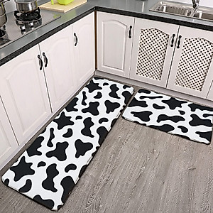 YouTary Cowhide Milk Cow Print Kitchen Rug Set 2 PCS Floor Mats Washable Non-Slip Soft Flannel Runner Rug Doormat Carpet for Floor Home Bathroom, 17" x 47"+17" x 24"-M