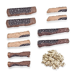 Chesio Ceramic Fire Log Set - 10 Piece Indoor Fireplace Logs - Complete with Rockwool Glowing Embers