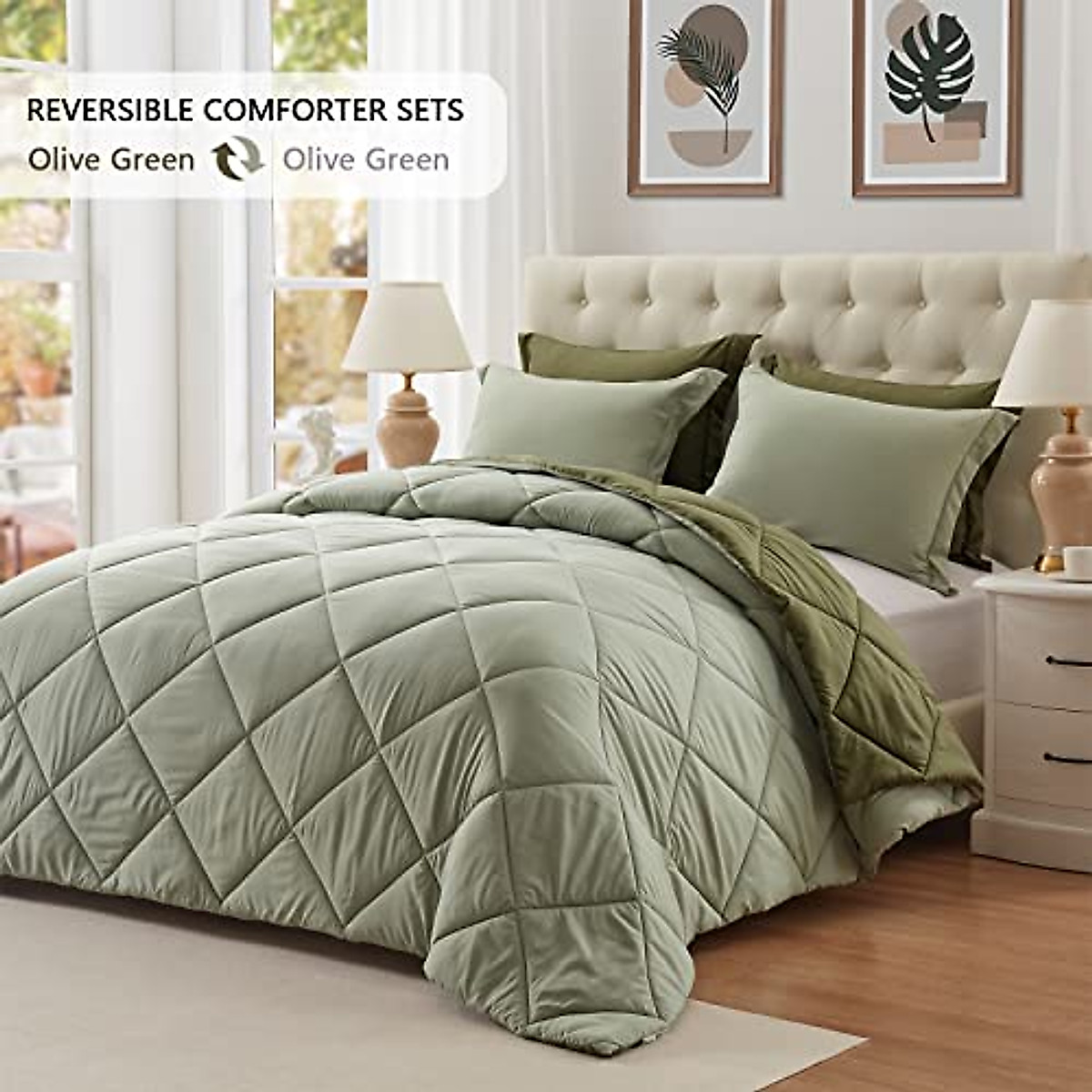 NexHome Queen Comforter Set - Olive Green Comforter Queen Size Bedding Set - Soft Reversible Down Alternative Full Size Comforter Bed Set 3 Pieces 1 Comforter (88"x88") + 2 Pillow Shams (20"x26")