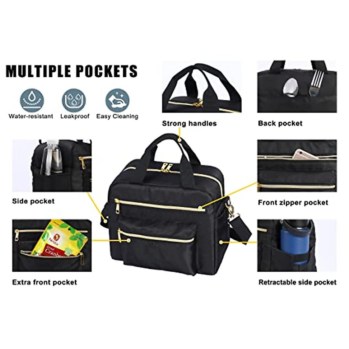 MIER Women's Lunch Totes Stylish Insulated Adult Lunchbox Bag with Shoulder Strap-Resuable Lunch Bag, Multiple Pockets, Black