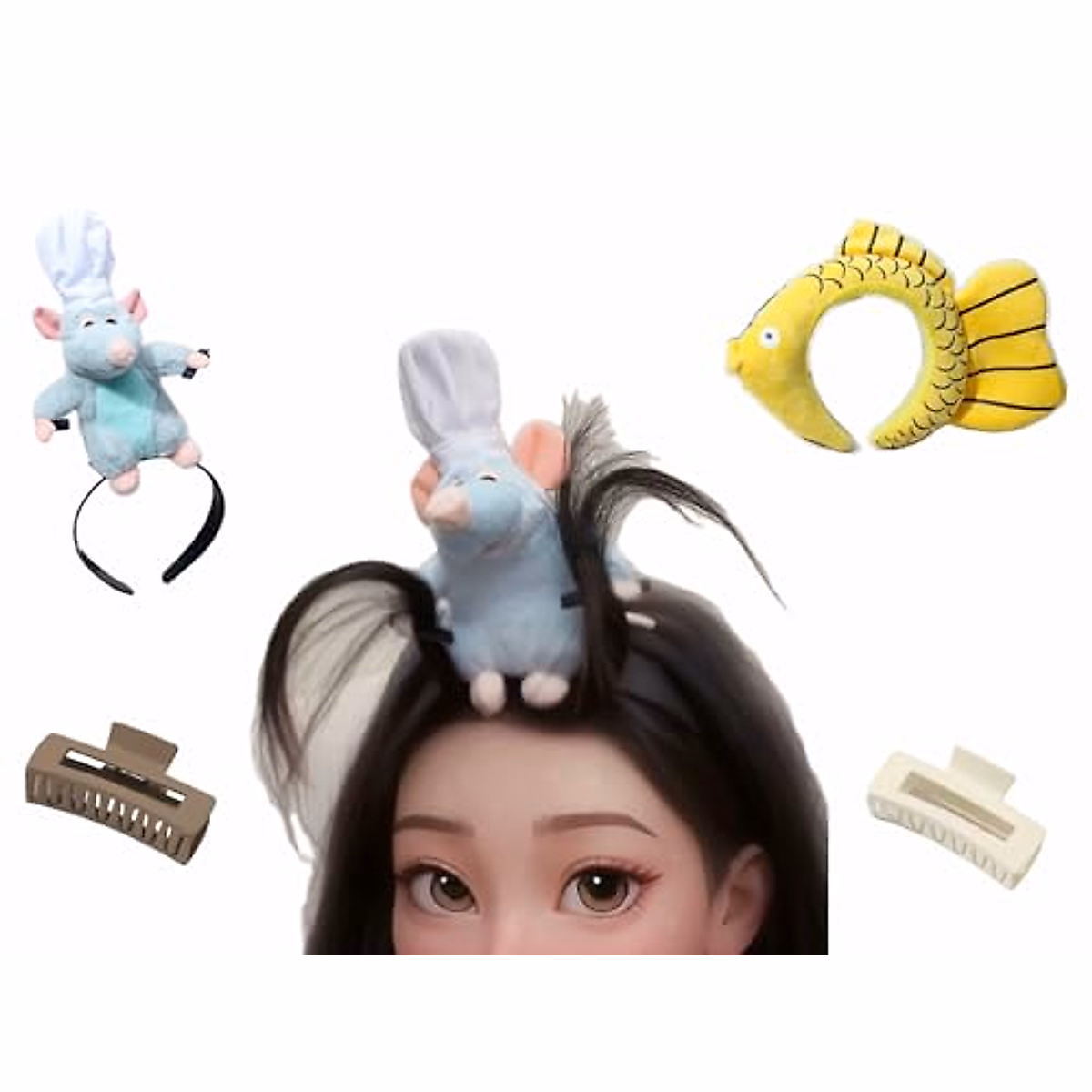 Fantasyer 2PCS Ratatouille Plush Headband Women Cute Funny, Ratatouille Hairband Clip Grabs Hair Costume Headwear Headband for Washing Face, Ratatouille+ratatouille