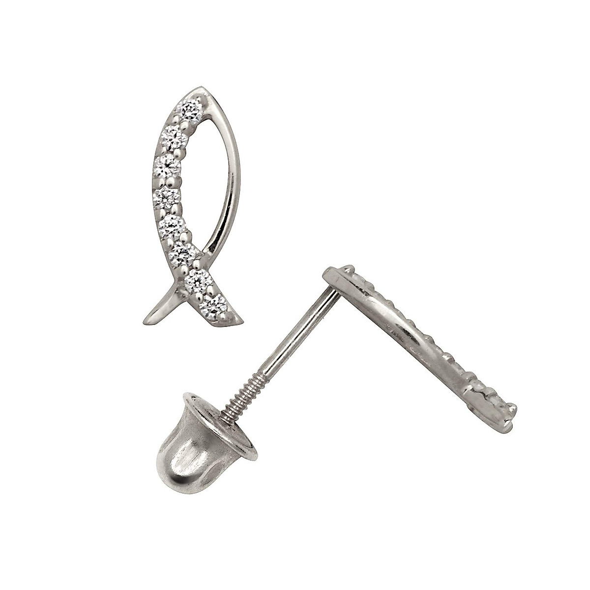 14k White Gold CZ Cubic Zirconia Simulated Diamond Animal Sealife Fish Shaped Screw Back Earrings Measures 9x4mm Jewelry for Women