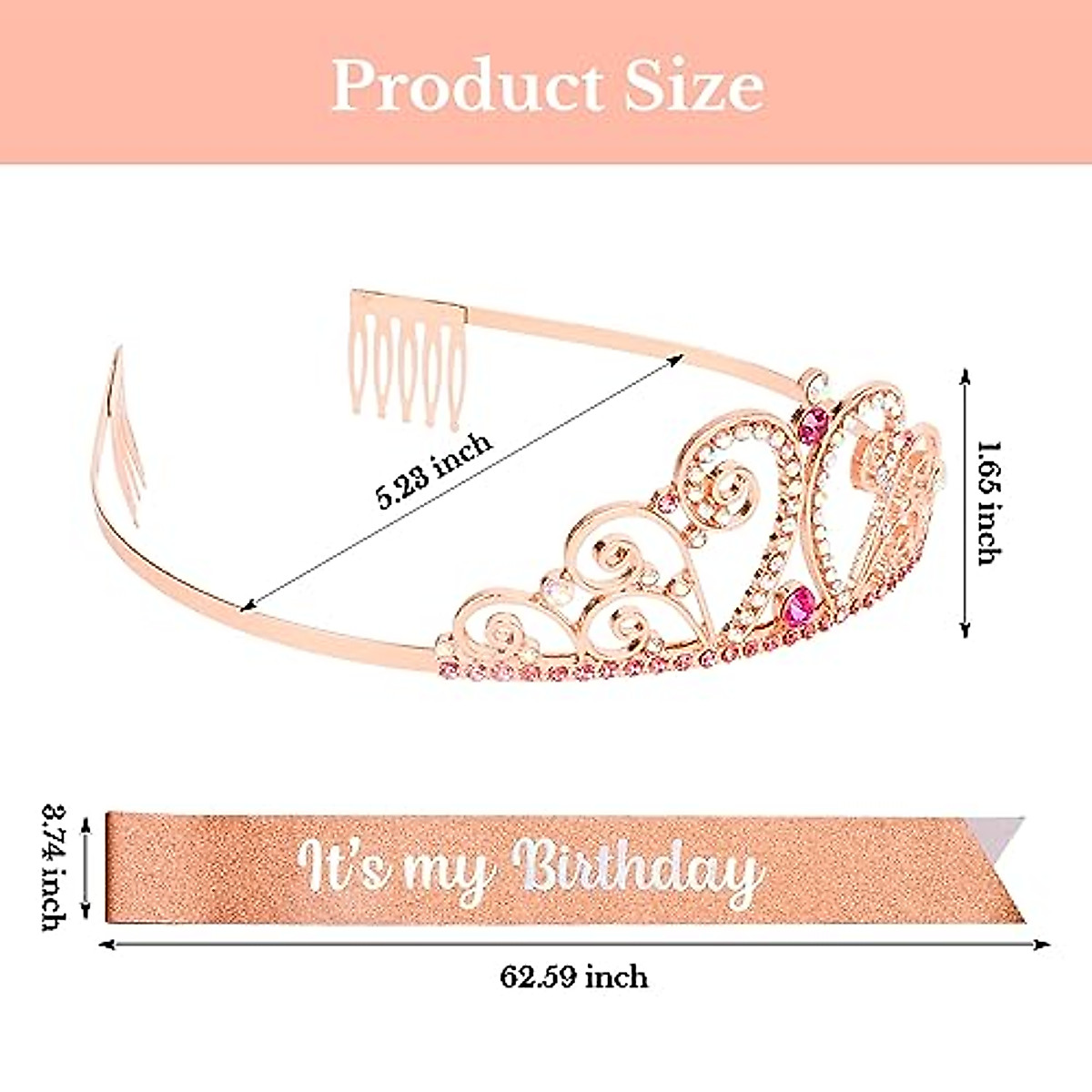 BAHABY Birthday Crown for Women It's My Birthday Sash & Rhinestone Tiara Set Birthday Sash and Tiara for Women Rhinestone Headband for Girl Glitter Crystal Hair Accessories for Party - Rose Gold