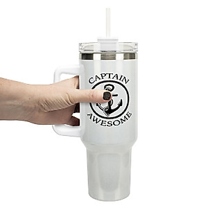 Elanze Designs Captain Awesome Nautical Anchor 40 oz. Stainless Steel, Large Water Bottle Coffee Mug, Spill & Leak Resistant, Thermal Travel Tumbler with Handle, Lid & Straw, White Shimmer