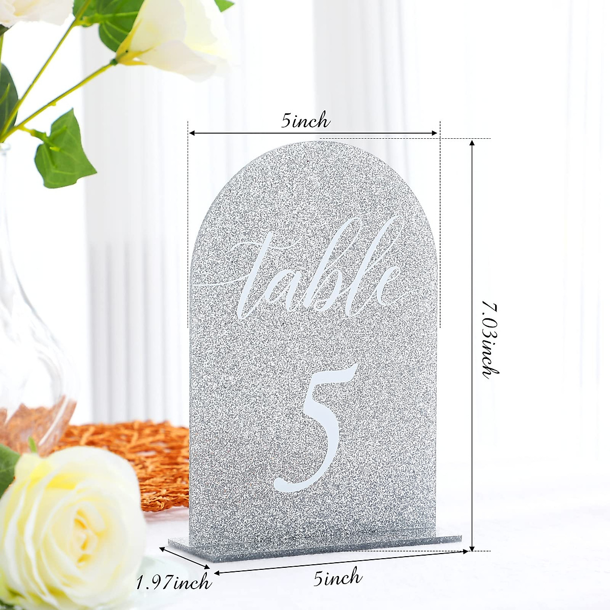 Geetery 10 Pcs Bling Table Numbers 1-10, Silver Acrylic Wedding Table Number with Stands, 5 x 7 Inch Table Number Holders, Glitter Table Sign Numbers for Wedding Reception, Event, Party
