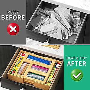 NPPLUS Bag Storage Organizer, Expandable Kitchen Drawer Holder, Bamboo Food Storage Bags Dispenser For Gallon, Quart, Sandwich, Snack Freezer Bags and Fits 12" Length Wrap Rolls, (Bamboo)