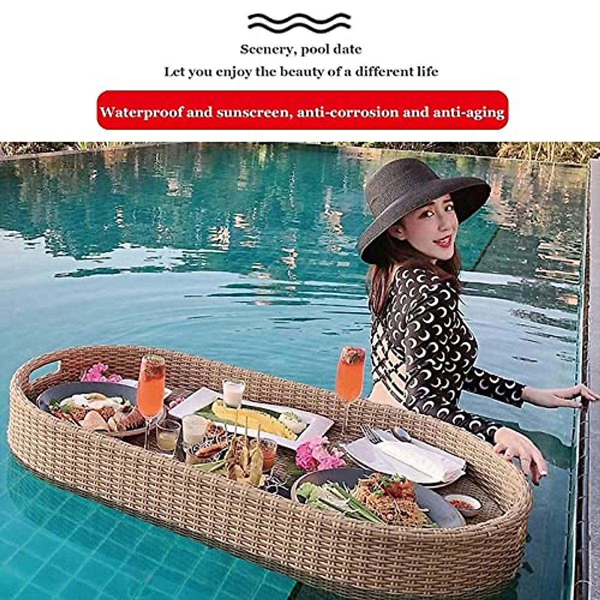 Rattan Woven Serving Tray Food Tray with Handles Luxury Floating Serving Tray Table Swimming Pool Floating Tray for Pool Serving for Wedding Photography Photo Shoot (Color : Khaki)