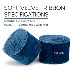 Keypan Blue Velvet Ribbon for Gift Wrapping - 1 1/2 inch Wide Handmade Fringe Fabric Ribbon for Christmas Decorations, Baby Shower, Flower Bouquet
