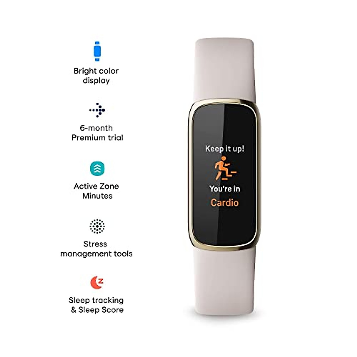Fitbit Luxe Fitness and Wellness Tracker with Stress Management, Sleep Tracking and 24/7 Heart Rate, One Size S L Bands Included, Lunar White/Soft Gold Stainless Steel, 1 Count