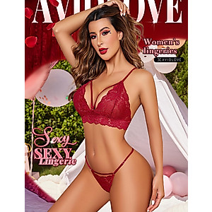 Avidlove Women's Lingerie 2 Piece Bra and Panty Set Lace Mini Babydoll Wine Red S