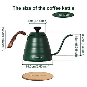 Fooikos Pour Over Coffee Kettle with Thermometer for Coffee and Tea, 42 fl oz - Premium Stainless Steel Gooseneck Kettle -Base on all Stovetops and Any Heat Source (Green)