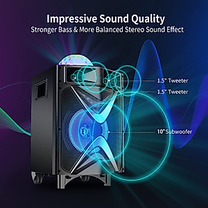 VeGue Karaoke Machine for Adults & Kids, Bluetooth Speaker PA System with 2 Wireless Microphones, 10'' Subwoofer, Disco Ball LED Light, Singing Machine for Home Karaoke, Party, Church (VS-1088)