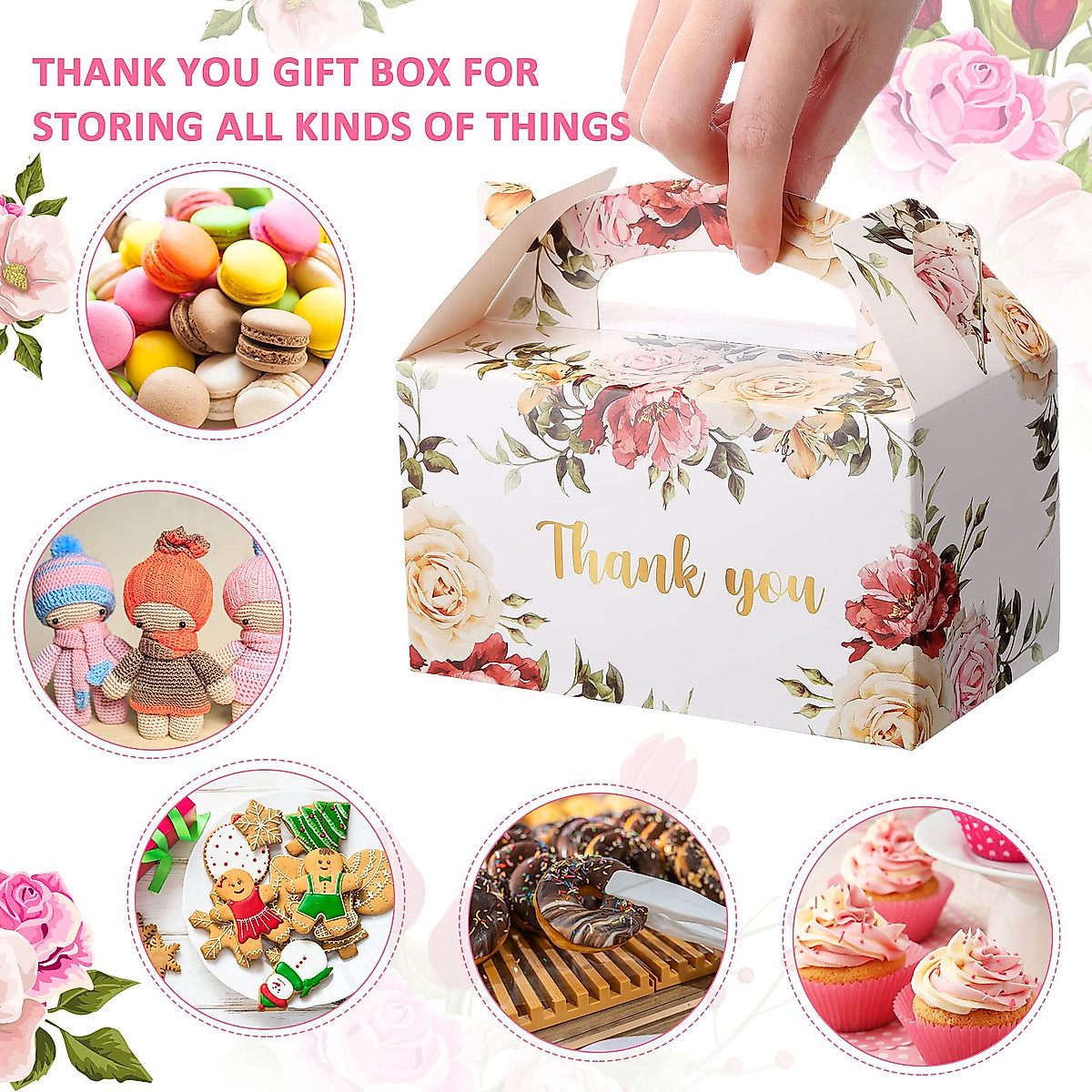 Xinnun 50 Pcs Thank You Treat Boxes Floral Design Gift Boxes Gable Boxes Party Favor Boxes for Tea Party, Mother's Day, Wedding