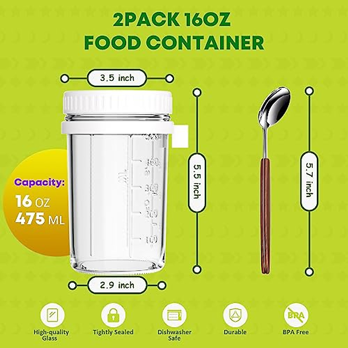 Overnight Oat Containers with Lids and Spoon, 16OZ Large Capacity Glass Mason Jars, Glass Food Storage Containers for Milk, Cereal, Vegetable and Fruit Salad (2 PACK)