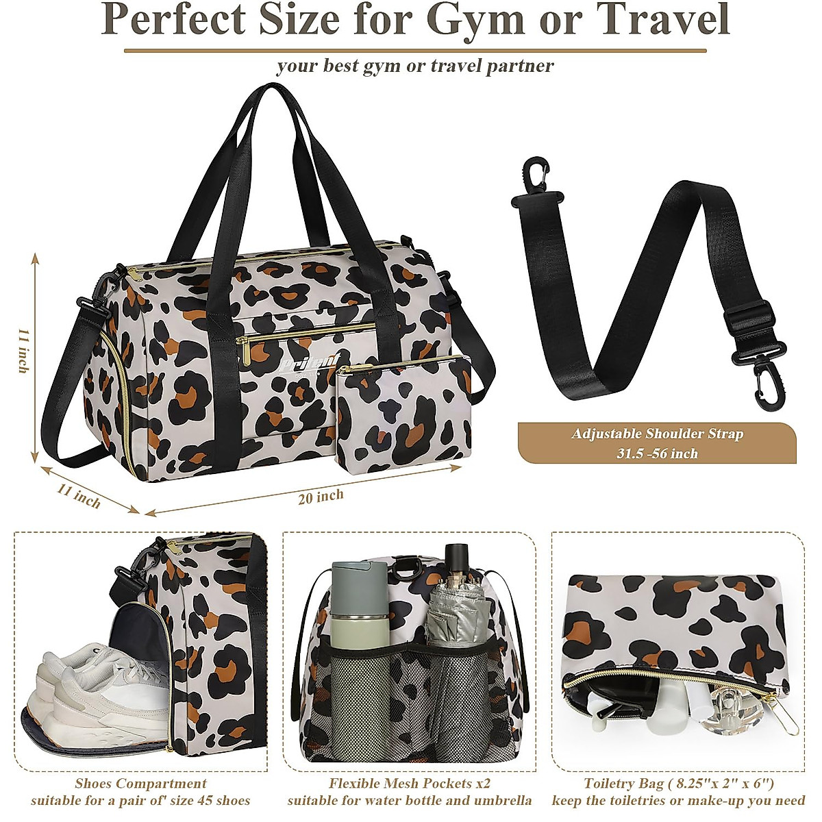Pritent Gym Bag for Women with Shoe Compartment, Sport Gym Tote Bags Waterproof Travel Duffle Carry on Weekender Overnight Bag for Hospital Yoga Beach Maternity Mommy 20inch Leopard