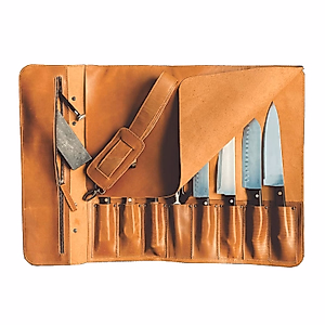MARION - LE KANGOU - Genuine Calf Top Grain Leather - Handcrafted Professional Chef Knife Storage Roll Bag - 8 Pockets - Detachable Shoulder Strap - Zippered Interior Pocket