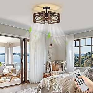 DUJAHMLAND Farmhouse Flush Mount Ceiling Fan with Light, 20 Inch Industry Wood Low Profile Ceiling Fan with Light Remote Control for Bedroom Living Room Kitchen (Antique Wood 4-Light)