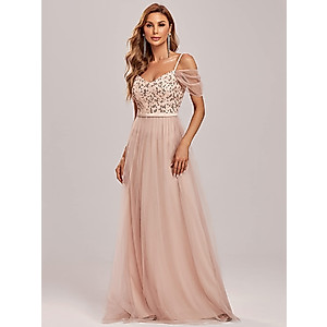 Ever-Pretty Womens Maxi Short Sleeves Straps V Neck A-line Tulle Bridesmaid Dress Rose Gold US14