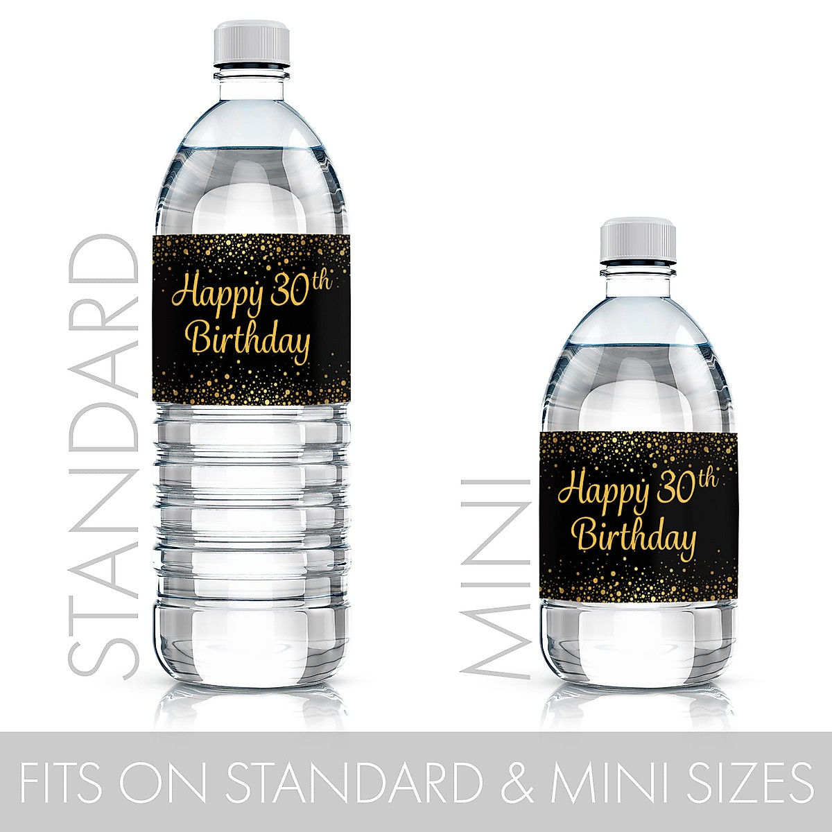Black and Gold 30th Birthday Party Water Bottle Labels - 24 Stickers