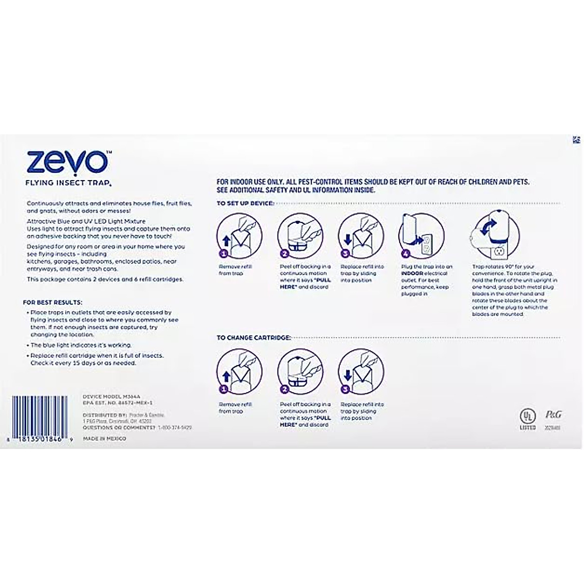 Zevo Flying Insect Trap, Fly Trap, Fruit Fly Trap (2 Plug-in Bases + 6 Refill Cartridges) Gnats, and House Flies Mosquitoes