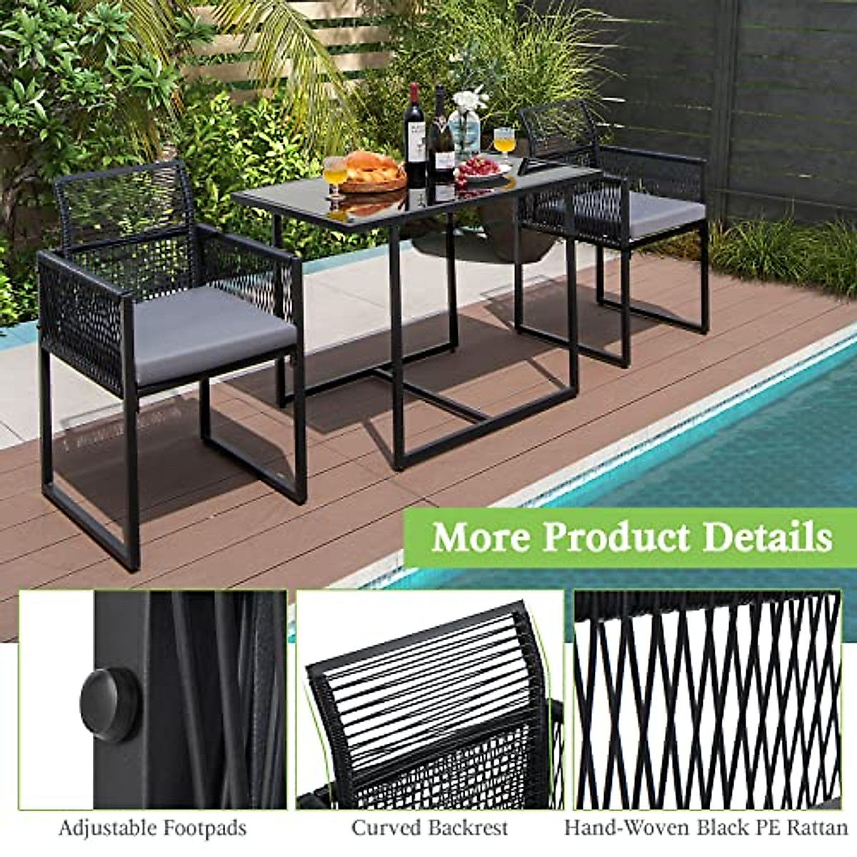Tangkula 3 Pieces Outdoor Dining Set, Patio PE Rattan Furniture Set with Folding Backrest, Cozy Seat Cushions, Tempered Glass Tabletop, Space-Saving Rattan Chair Table Set for Backyard, Poolside