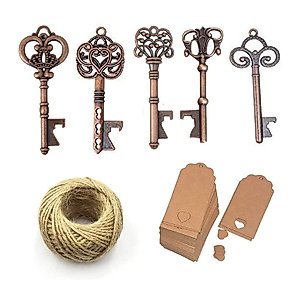 50pcs Copper Skeleton Key Beer Bottle Opener With 100 Pcs Blank Card and 98 Feet Hemp Rope for Wedding Party Favors (mixed 5 styles copper)