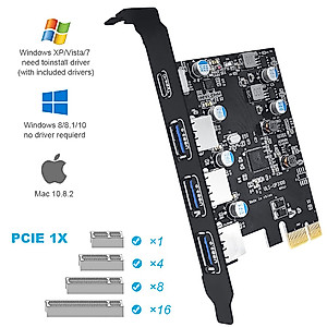 PCI-E to USB3.0 Super Fast Expansion Card 4 Ports(1xUSB-C-3xUSB-A), PCI Express USB Add in Card, Internal Converter PCI Express Expansion Card for Desktop PC Card, Support WindowsXP/7/8/10 and MAC OS