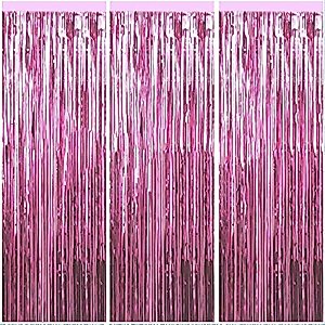 3 Packs 3.2ft x 6.6ft Light Pink Metallic Tinsel Foil Fringe Curtains Photo Booth Props for Birthday Wedding Engagement Bridal Shower Baby Shower Bachelorette Holiday Celebration Party Decorations