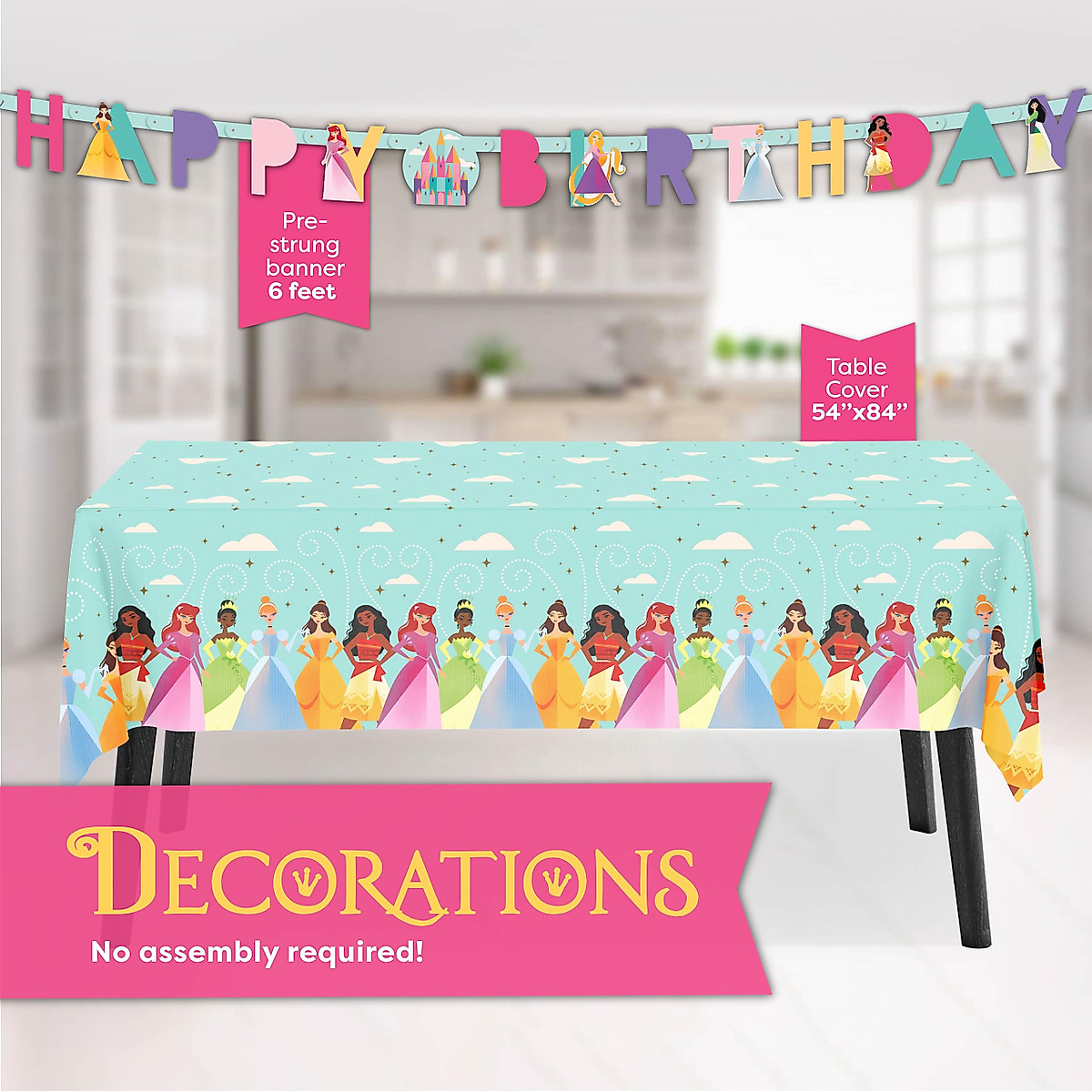 Disney Princess Birthday Decorations Set | Disney Princess Party Decorations | Disney Princess Party Supplies | With Tablecloth, Large Plates, Cake Plates, Napkins, Cups, Banner | Serves 16 Guests
