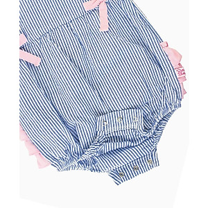 RuffleButts® Baby/Toddler Girls Blue Seersucker Ruffle Romper - 6-12m