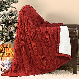 Amélie Home Reversible Sherpa Cable Knit Throw Blanket Soft Cozy Warm Winter Fleece Throw Blankets for Couch Bed Living Room, Christmas Red, 50x70