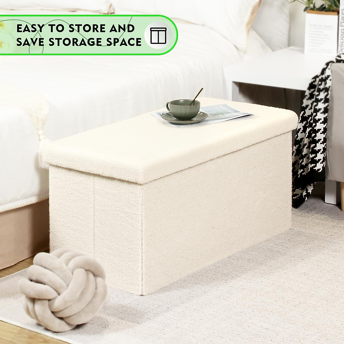 PINPLUS Folding Storage Ottoman Bench, White Upholstered Sherpa Ottoman Storage Bench, Large Storage Chest Footrest with Lids, Entryway Bench for Living Room, 31.5'' x 15.7'' x 15.7''