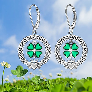 St Patricks Day Shamrock Earrings for Women Sterling Silver Four Leaf Clover Earrings Celtic Claddagh Irish Shamrock Dangle Green Lucky Jewelry Valentine Gifts