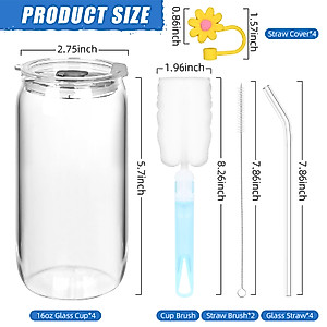 Cobeda Glass Cups with Lids and Straws 4pcs Set, Iced Coffee Cups with Lids and Straw Cover, Cleaning Brush, Cup Brush, 16oz Glass Tumbler with Straw and Lid
