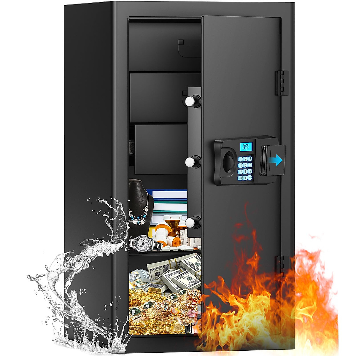 6.0 Cubic Large Home Safes Water and Fireproof, Anti-theft Document Safe Box with Removable Drawer & Shelf, Digital Fire Proof Safe for Home Money Jewelry Valuables