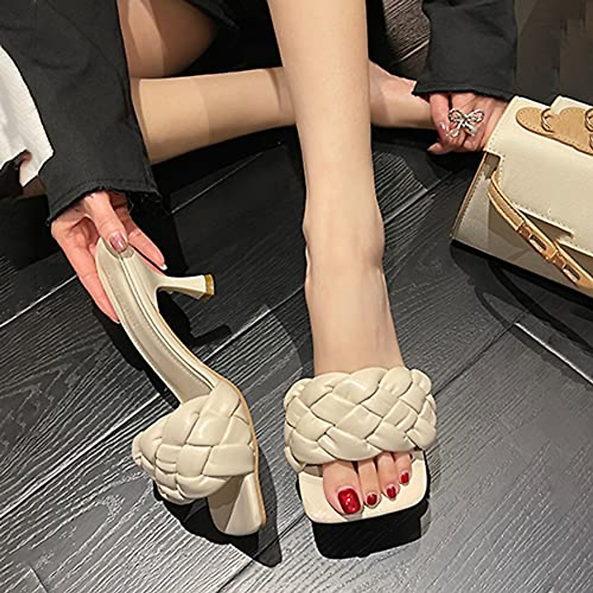 Women’s Square Open Toe Stiletto Heels Braided Sandals Slip On High Heel Quilted Leather Sandals Fashion Sexy Casual Slides shoes(Beige,38)