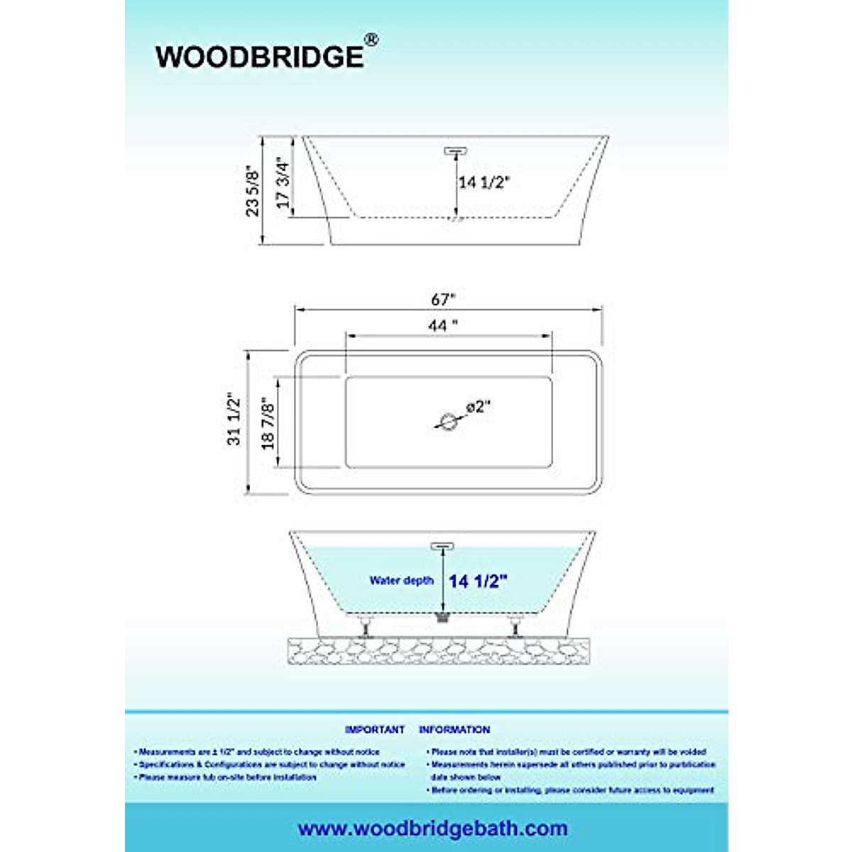 WOODBRIDGE 67" Acrylic Freestanding Bathtub Contemporary Soaking White Tub with Brushed Nickel Overflow and Drain，BTS1609 -B/N-Drain &O