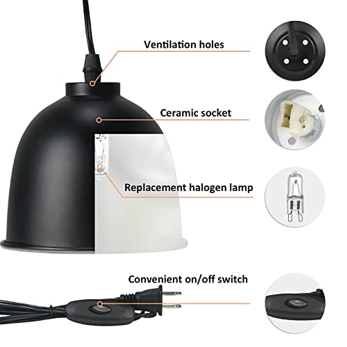 Reptile Light Fixture w/ 5pcs Uniform UVB UVA Bulbs 5.5inch Deep Dome Reptile Habitat Heat Lamp Turtle Basking Light for Tortoise Lizard Gecko Snake Bearded Dragon Terrarium Aquarium Tank etc