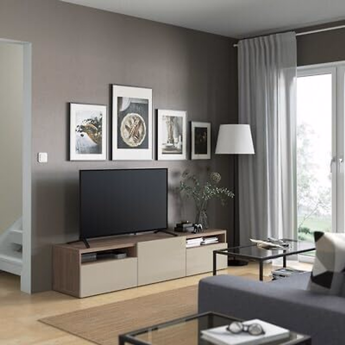 TV Unit with Drawers and Door,Walnut Effect Light Gray/Selsviken high-Gloss/Beige, 70 7/8x16 1/2x15 3/8 "