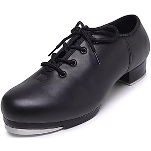 Jazz Tap Shoes for Woman: Leather Lace Up Tap Dance Shoes for Girls and Adult - Flat Heel Split Sole Tap Jazz Shoes for Boys and Man Black