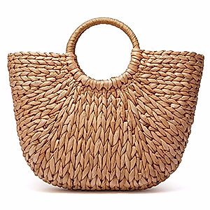 Womens Large Straw Bags Beach Tote Bag Hobo Summer Handwoven Bags Purse With Pom Poms (C-Khaki)
