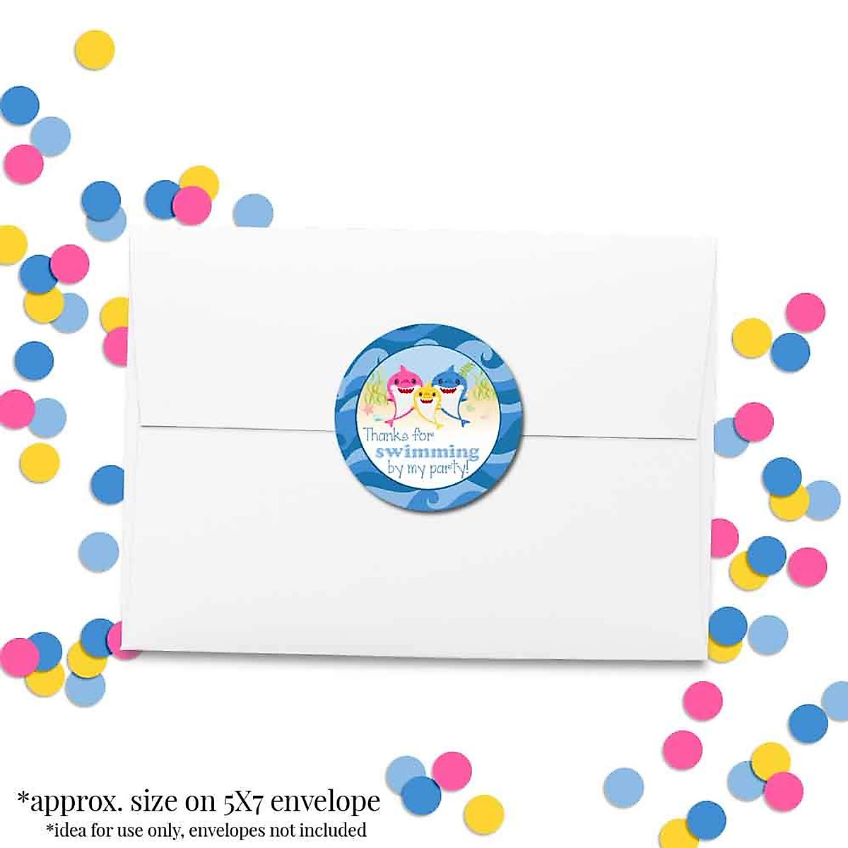 Little Shark Baby Aquatic Themed Birthday Thank You Sticker Labels for Kids, 40 2" Party Circle Stickers by AmandaCreation, Great for Party Favors, Envelope Seals & Goodie Bags