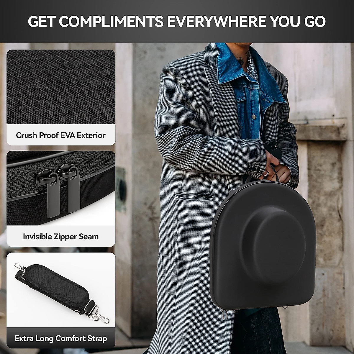 Gelozid Hat Box Holder Case for Travel, Hard Travel Hat Case for Mens Fedora Hats, Crush-Proof Box for Fedora Hat Storage, Hat Carrier with Adjustable Strap, Lightweight and Classy for Travel