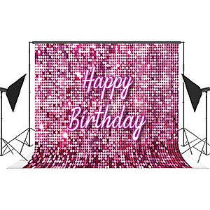 Lofaris Pink Flash Square Backdrop for Photography Happy Birthday Shinning Sequin Wall Panels Shimmer Wall Sweet 16 Girl Woman 20th 30th 40th Party Background Decorations Photo Studio Props 7x5ft