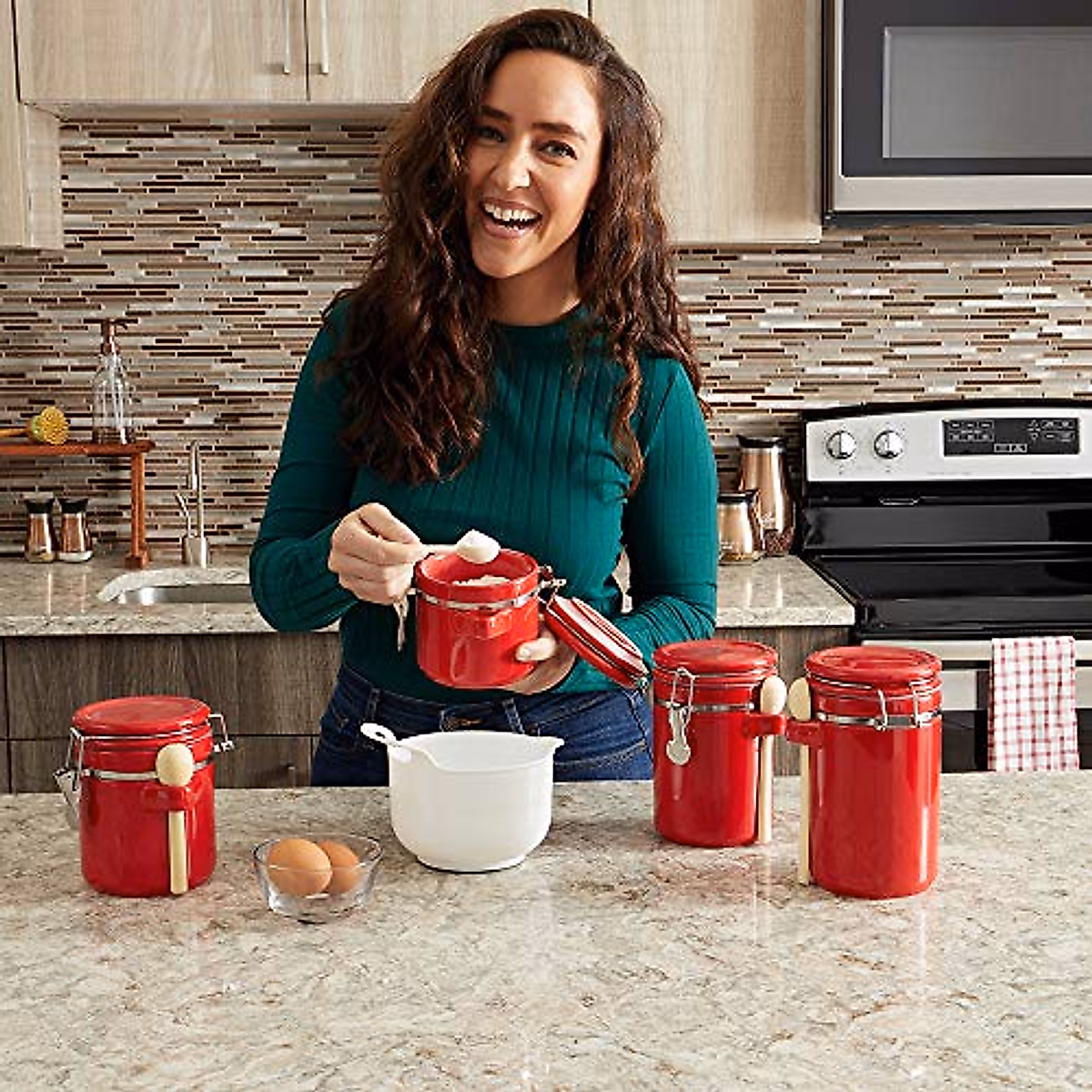 Canister Sets For The Kitchen (4 Piece Set) Red, High Gloss Ceramic | By Home Basics | Decorative Kitchen Set | With Wooden Spoons, Countertop Set For Flour, Sugar, Coffee, and Snacks