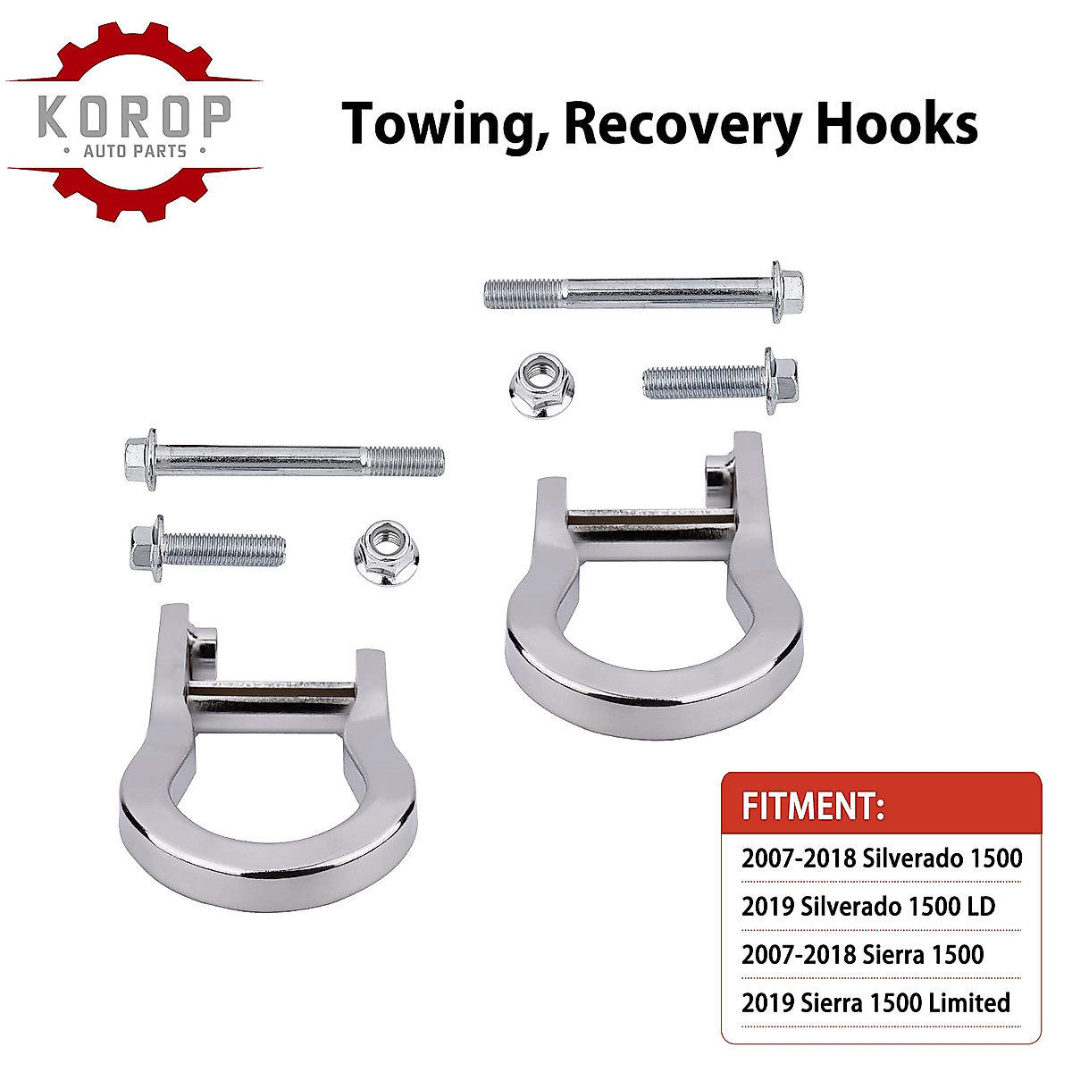KOROP AUTO PARTS Towing, Recovery Hooks (1 Pair) Fits for 2007-2019 Chevy Silverado 1500, 2007-2019 GMC Sierra 1500 Replaces# 84072462 Tow Hook (Chrome)
