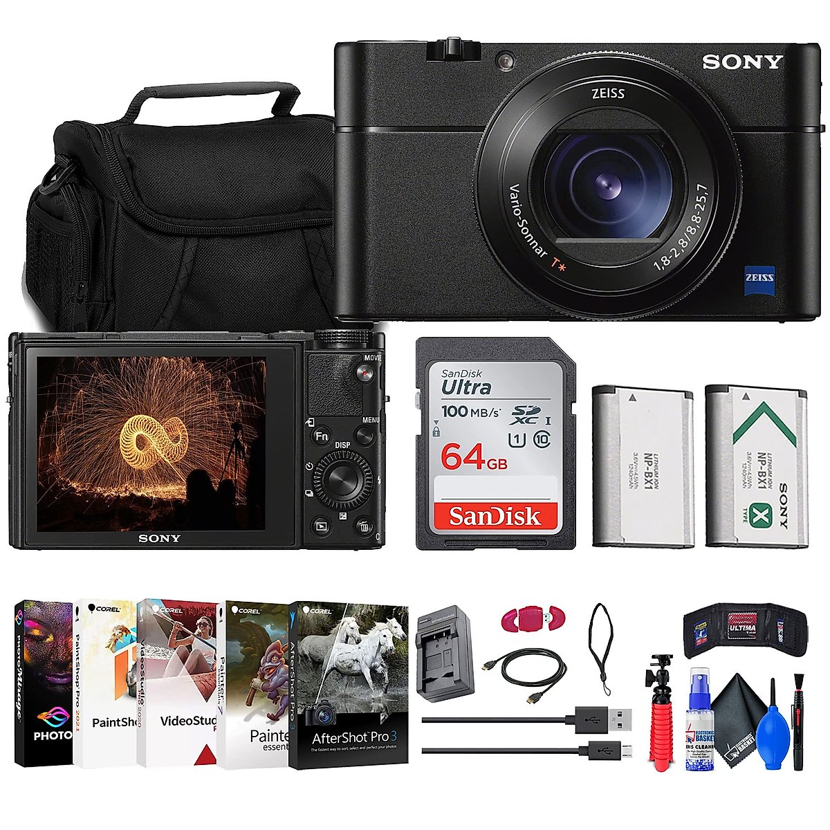Sony Cyber-Shot DSC-RX100 VA Digital Camera (DSC-RX100M5A/B) + Case + 64GB Card + NP-BX1 Battery + Card Reader + Corel Photo Software + Charger + Flex Tripod + Memory Wallet + More (Renewed)
