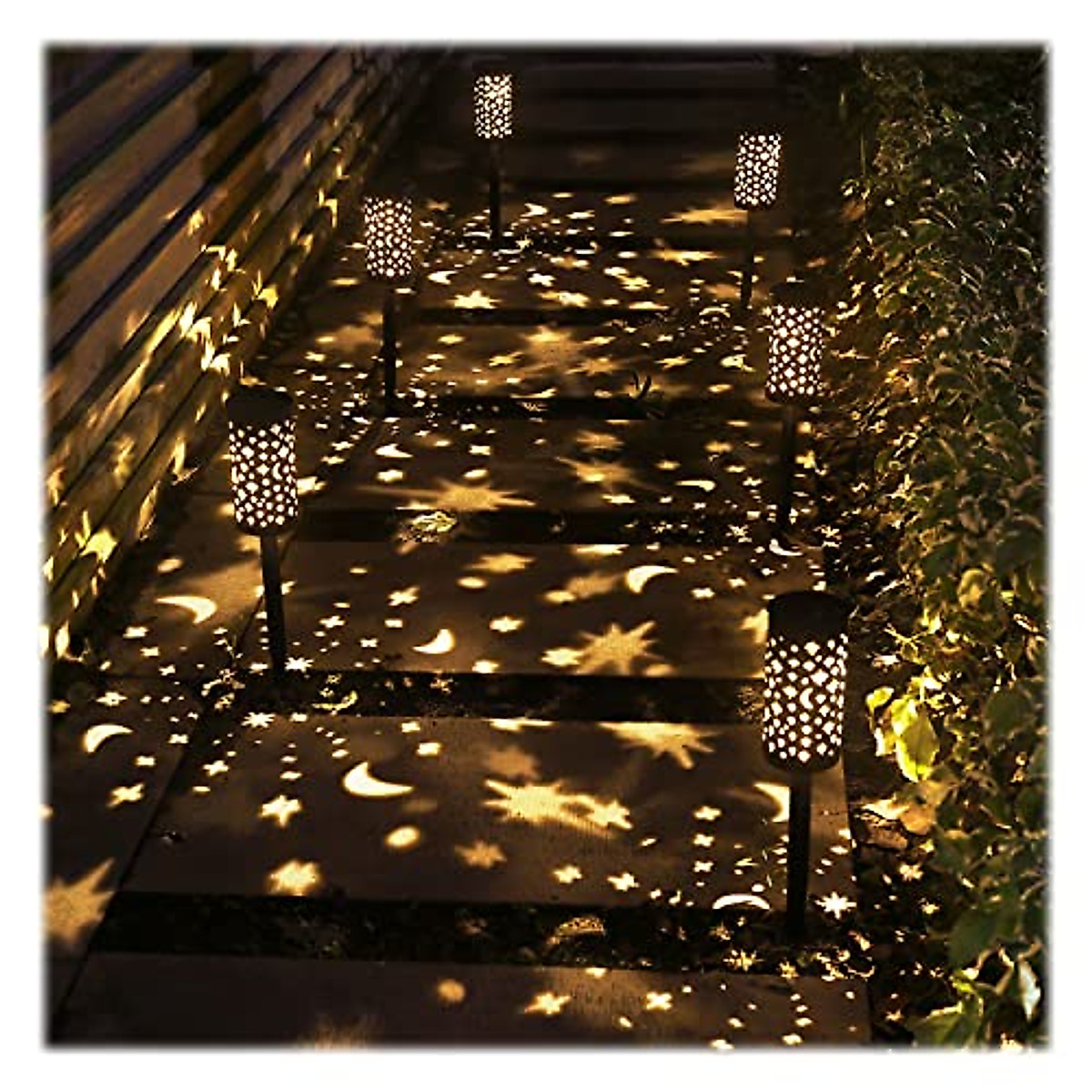 6 Pack Solar Light Outdoor Garden Patio Pathway Landscape Lights Yard Driveway Lawn Walkway Decoration Star Moon Solar Lantern Waterproof Outside Path Hanging Sidewalk Courtyard Black